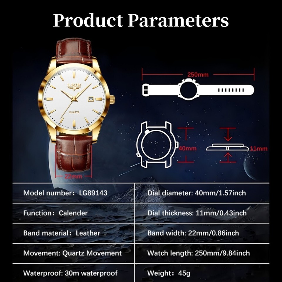 LIGE Men's Watch Quartz Date Luminous Waterproof Leather Band Classic ...