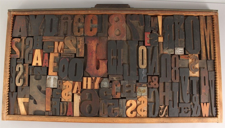 Antique Letterpress Letter Stamp Broadside Printing Blocks & Tray Wall ...