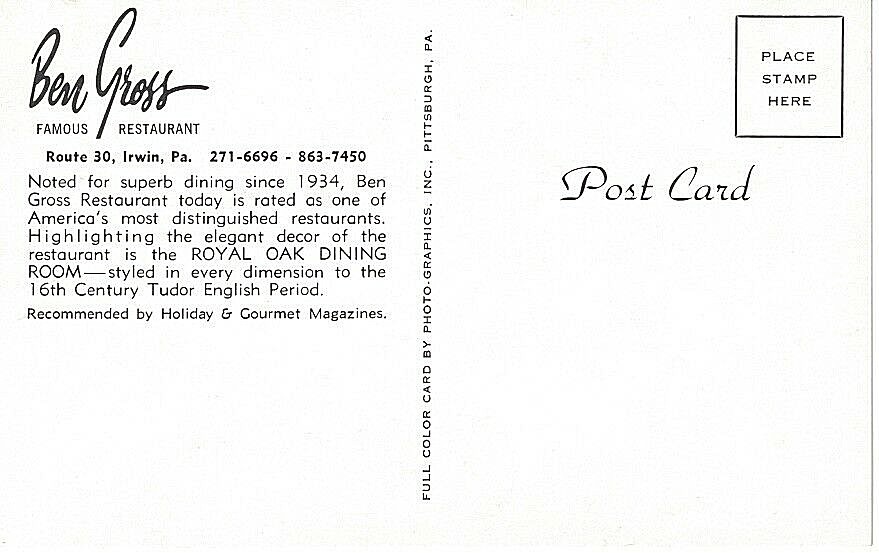 Postcard PA Ben Gross Restaurant Route 20 Irwin Interior Tables VTG ...