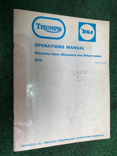 1973 Triumph Motorcycle Operations Manual Warranty Defect Codes ...