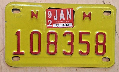 1992 NEW MEXICO MOTORCYCLE CYCLE LICENSE PLATE " 108358 " NM 92 BIKE | eBay