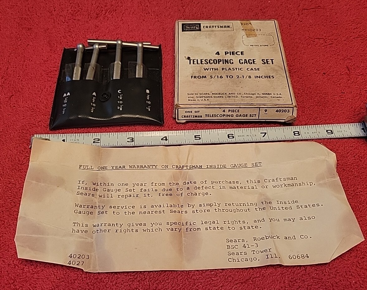 SEARS CRAFTSMAN TELESCOPING GAGE SET 940203 4 PC W/BOX & PAPERWORK VTG ...