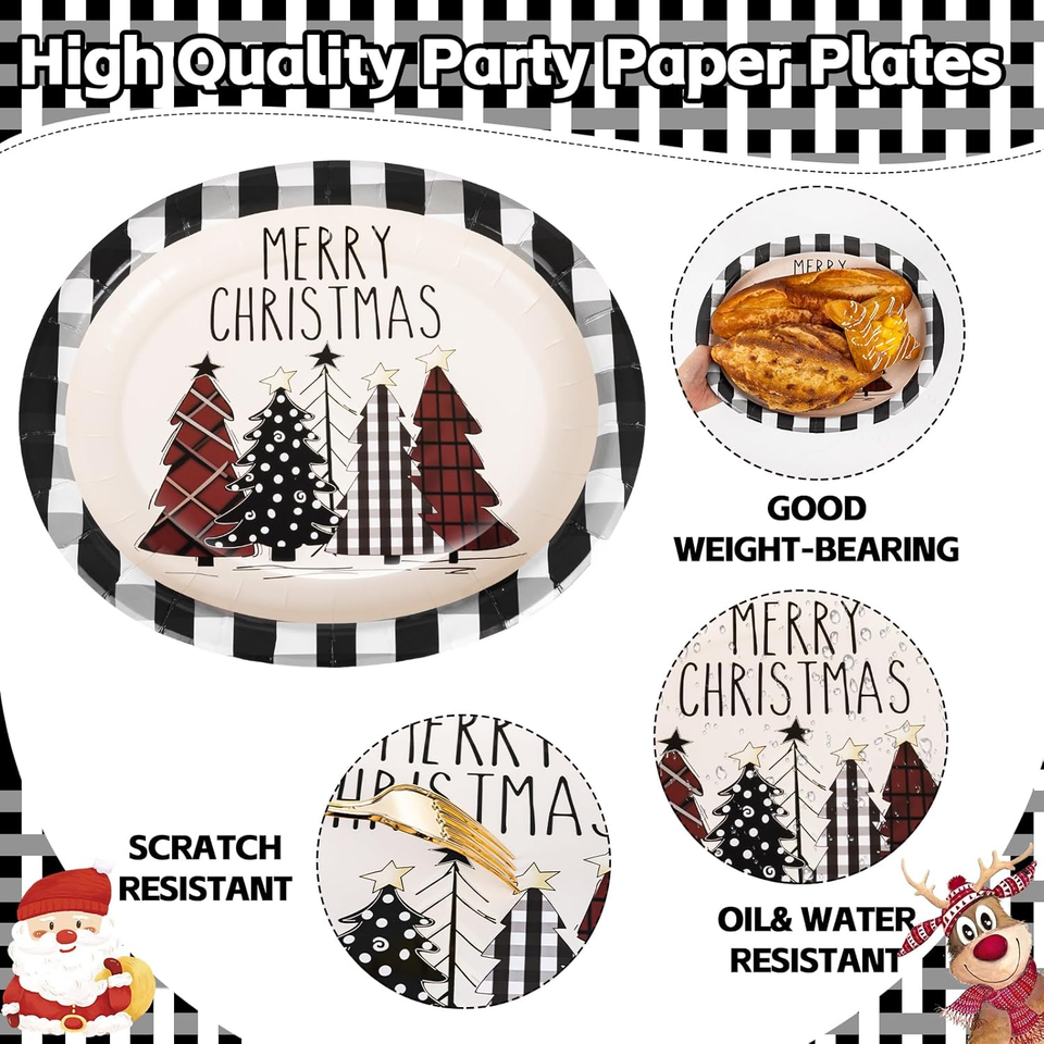 50Pc 10"x12" Christmas Tree Paper Plates Disposable Oval Checkered ...