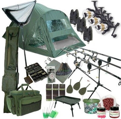 3 Rod Carp Set Up. 2 Man Double Skin Carp Fishing Bivvy Set. Rods Reels ...