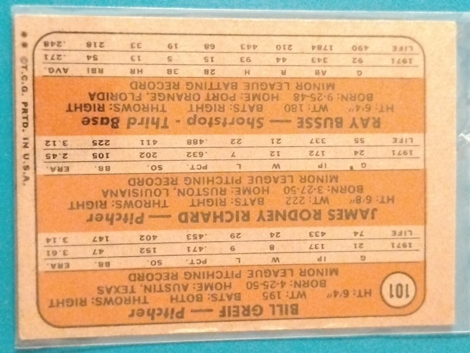 1972 Topps - 1972 Rookie Stars #101 J.R. Richard, Bill Greif, Ray Busse ...