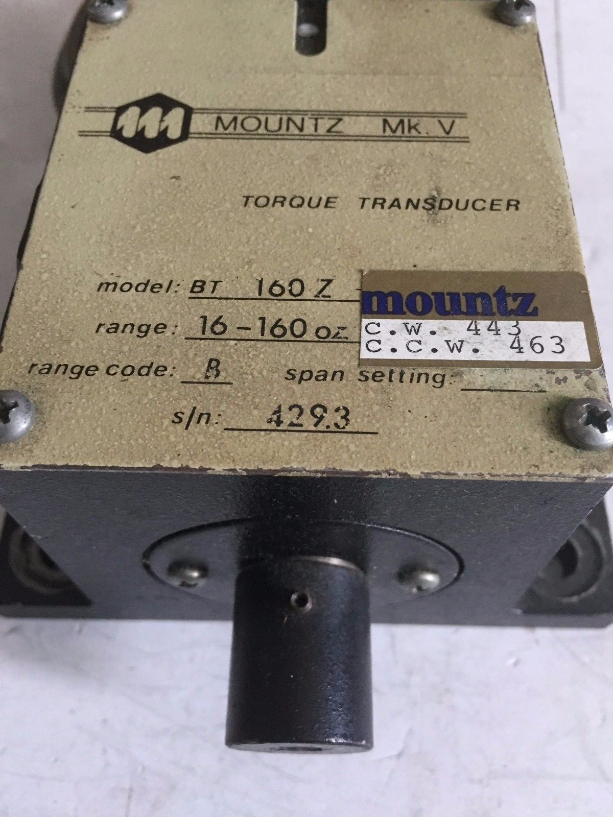111 MOUNTZ BT 160Z,RANGE 16-160Z TORQUE TESTER TRANSDUCER MK V CODE B ...