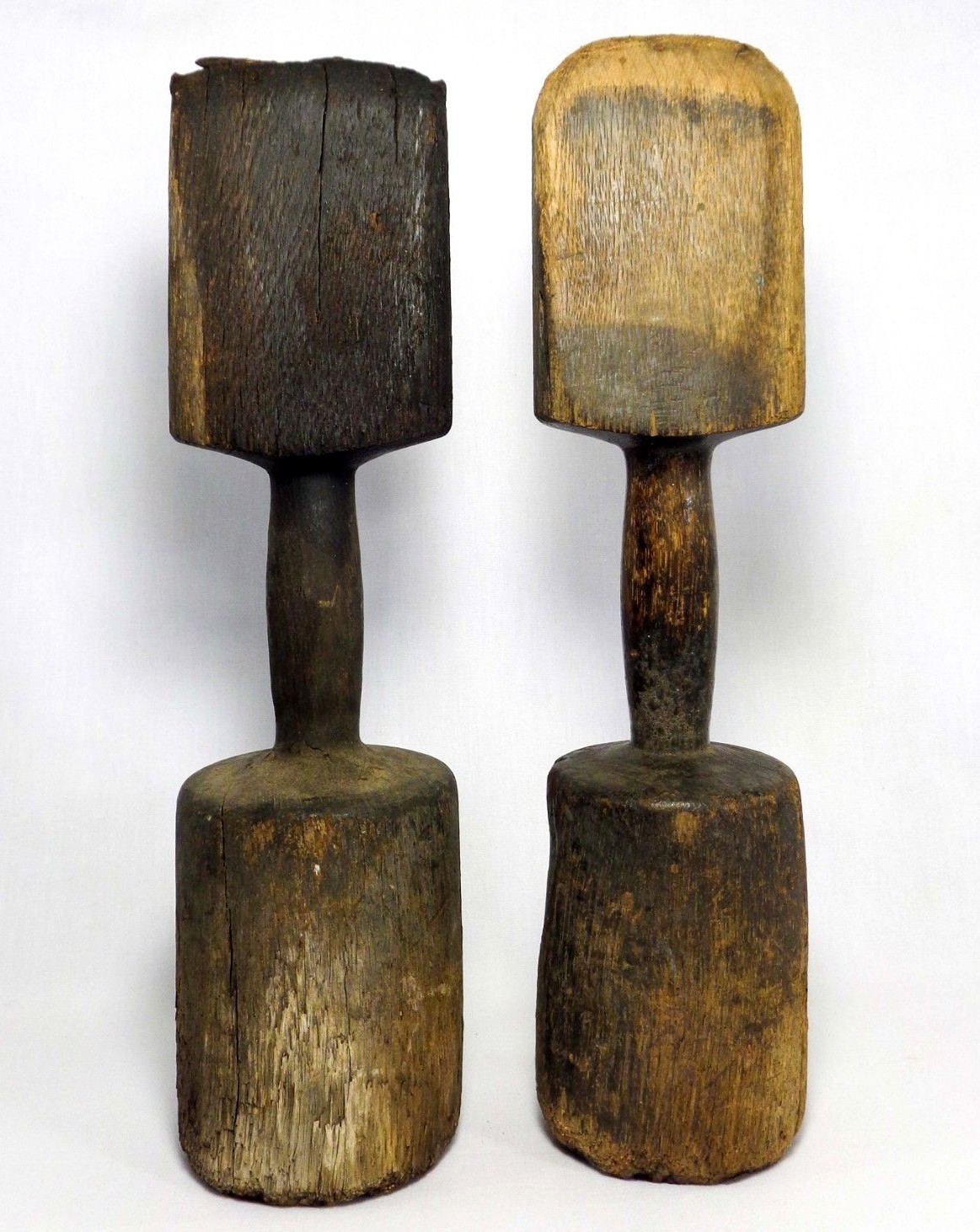 19TH C PAIR ANTIQUE PRIMITIVE HAND CARVED WOODEN SEAM RUBBER SAIL ...