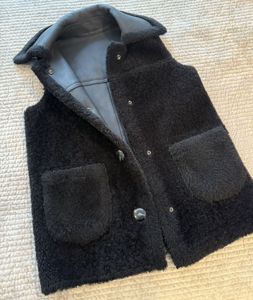 COACH Lamb Shearling Leather Vest Reversible Snap Closure Black Size 4 ...