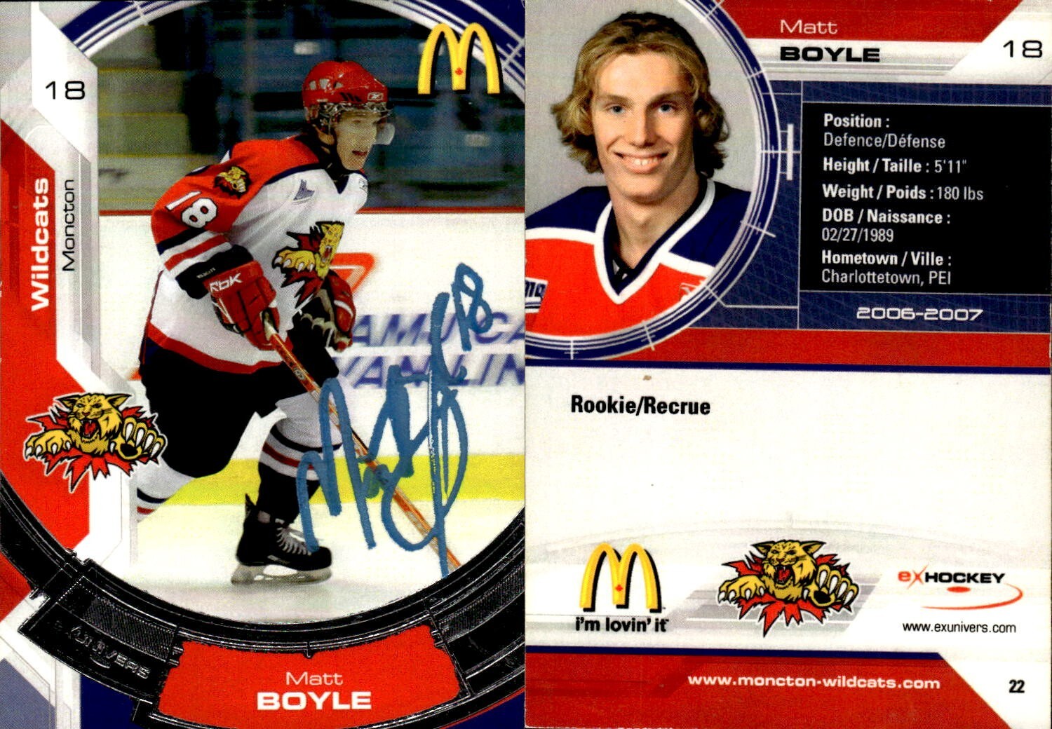 MATT BOYLE SIGNED 2006-07 MONCTON WILDCATS #22 ON-CARD AUTO | eBay