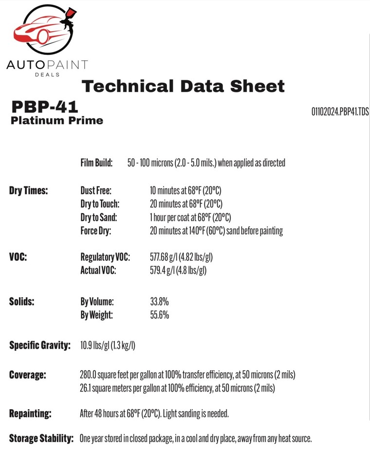 Platinum Prime 4:1 Automotive 2K Primer Surfacer Quart Size Kit w ...