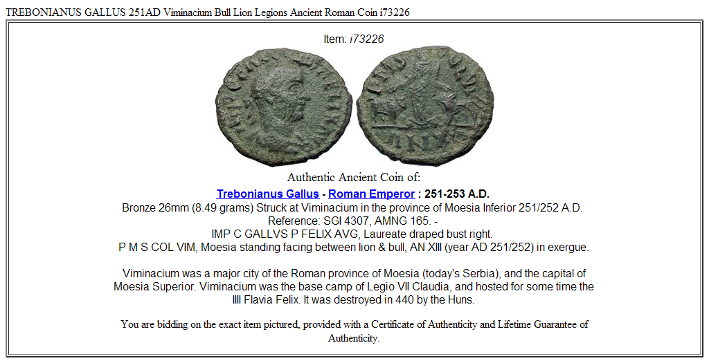 TREBONIANUS GALLUS 251AD Viminacium Bull Lion Legions Ancient Roman ...