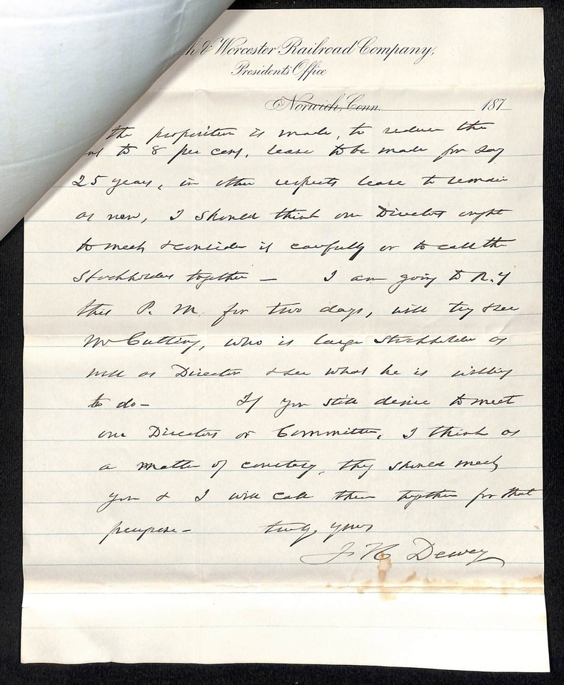 1881 Norwich & Worcester Railroad 2pp ALS Letterhead re: Reduction of ...