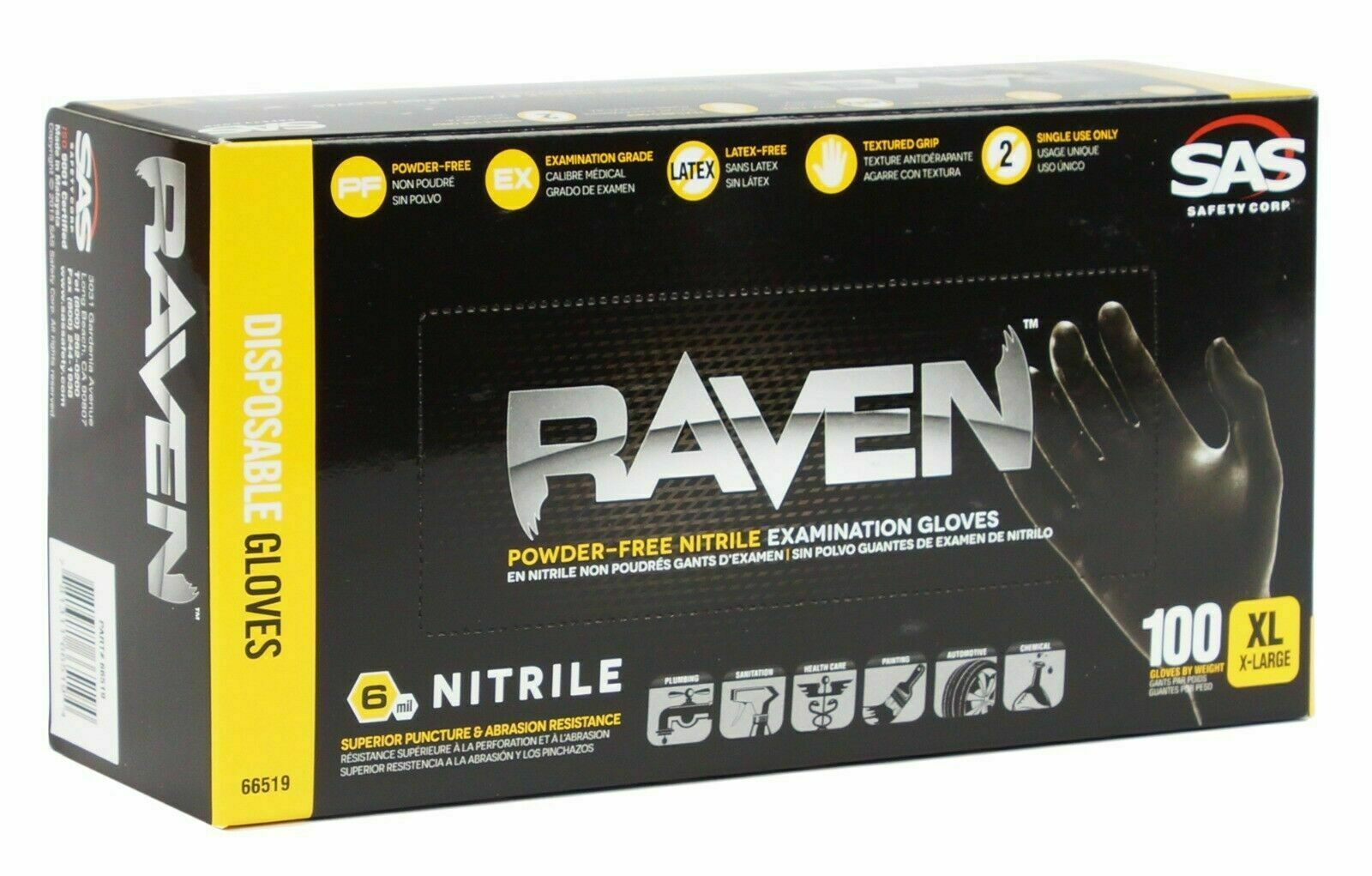 100-1000 SAS Safety RAVEN 66519-66520 6mil Nitrile Glove Powder Free, M ...