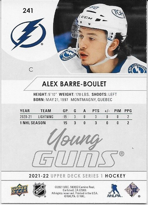 Signed Alex Barre Boulet 21-22 UD Young Guns Tampa Bay Lightning Rookie ...