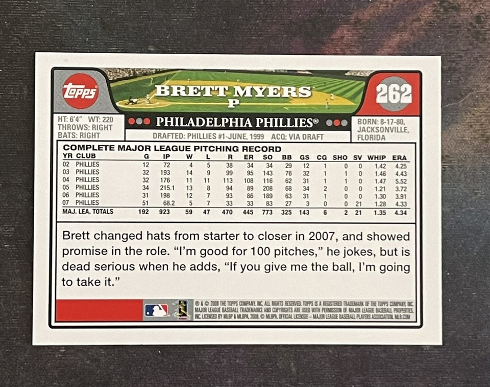 TOPPS 2008 MLB BRETT MYERS #262 PITCHER PHILADELPHIA PHILLIES BASEBALL ...