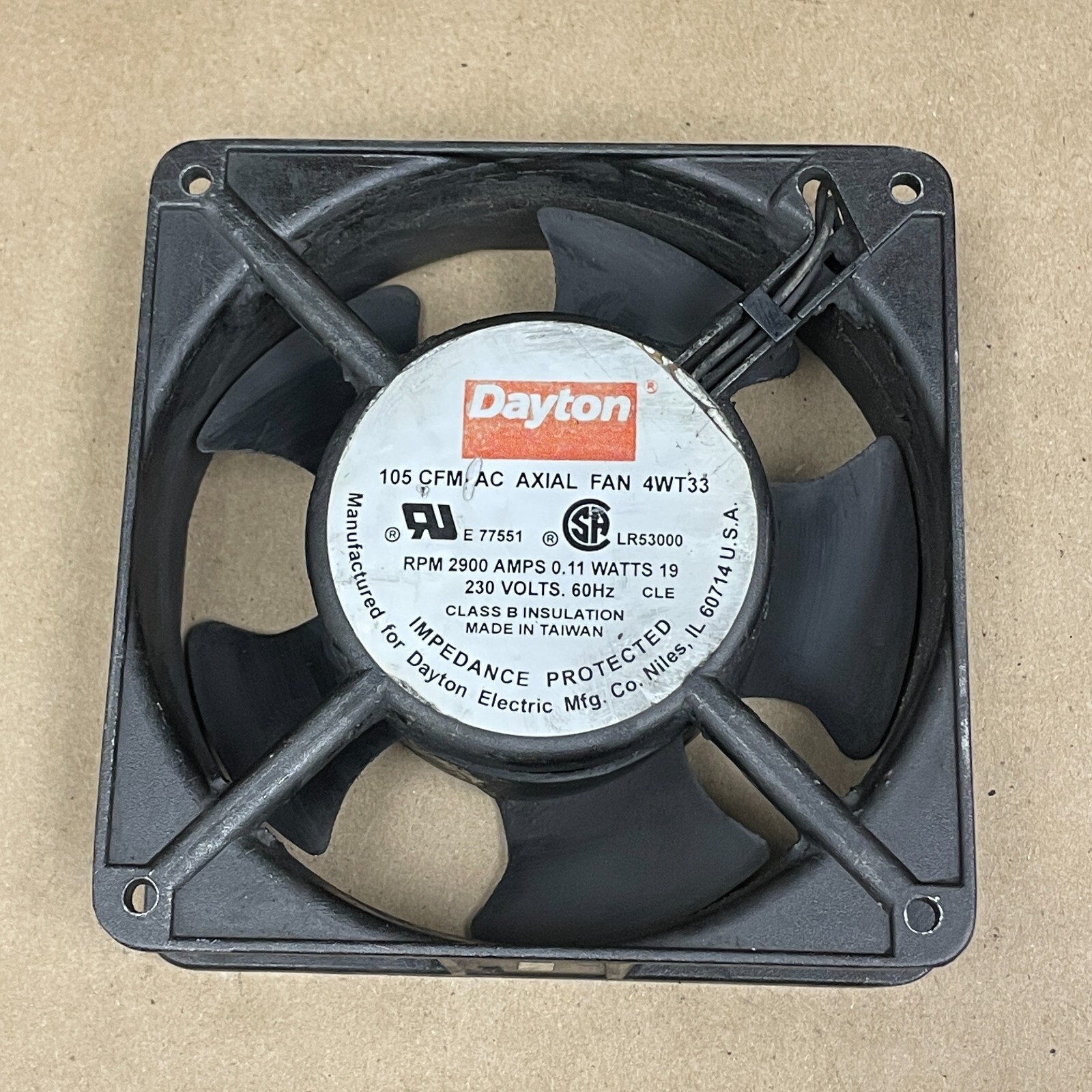 DAYTON 105 CFM AC AXIAL FAN 4WT33 2900RPM 0.11AMPS 19WATTS 230VOLTS ...