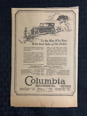 1923 ALLISON ROOD CO. 6.5x9.5" Automotive Print Ad VG 4.0 Columbia Six ...