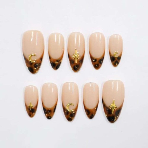 Tortoise French Tip Almond Press-On Nails with Gold Star & Moon Accents ...