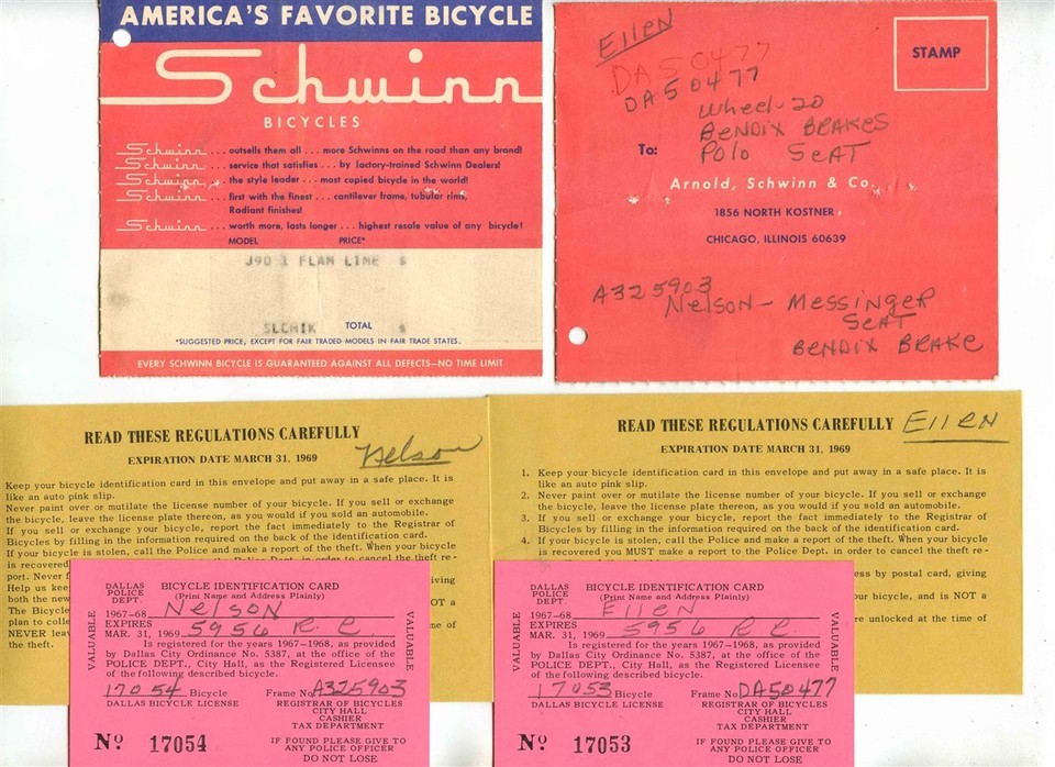 Schwinn Bicycle & Dallas Police Department Bicycle Registration Cards ...