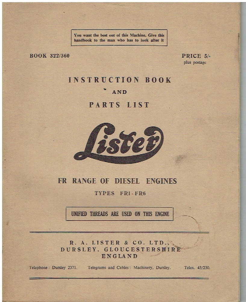 LISTER FR1 FR2 FR3 FR4 FR5 FR6 DIESEL ENG ORIG '60 INSTRUCTION BOOK ...