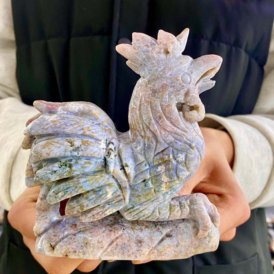 1.4LB Natural ocean jade crystal hand carved chicken ornament for ...