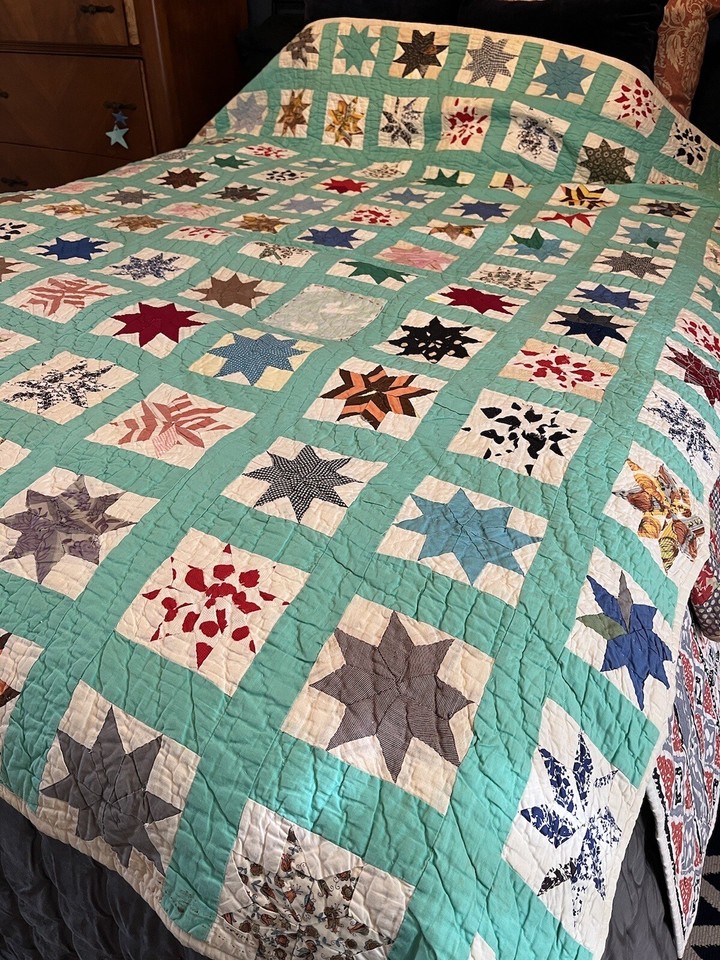 Vintage Handmade Quilt Teal Stars Full Handstitched Patchwork | eBay