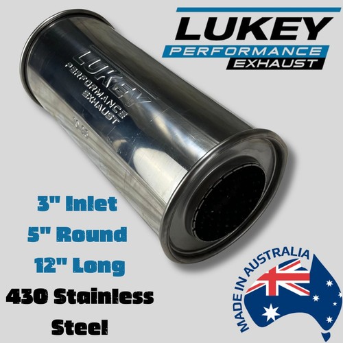 3" Lukey Stainless Steel Round Sports Exhaust Muffler 5" Round 12" Long ...