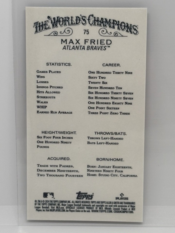 2024 TOPPS ALLEN & GINTER Max Fried Mini Black Border #75 Atlanta ...