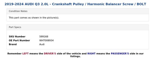 2019-2024 AUDI Q3 2.0L - Crankshaft Pulley / Harmonic Balancer Screw ...