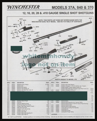 1999 WINCHESTER Model 37A , 849k 370 Shotgun Schematic Parts List ad | eBay