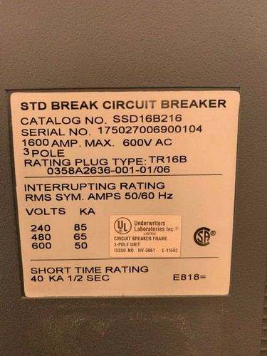 SSD16B216 GE 1600 Amp 600V 3 Pole Power Break II EO/DO Drawout Circuit ...