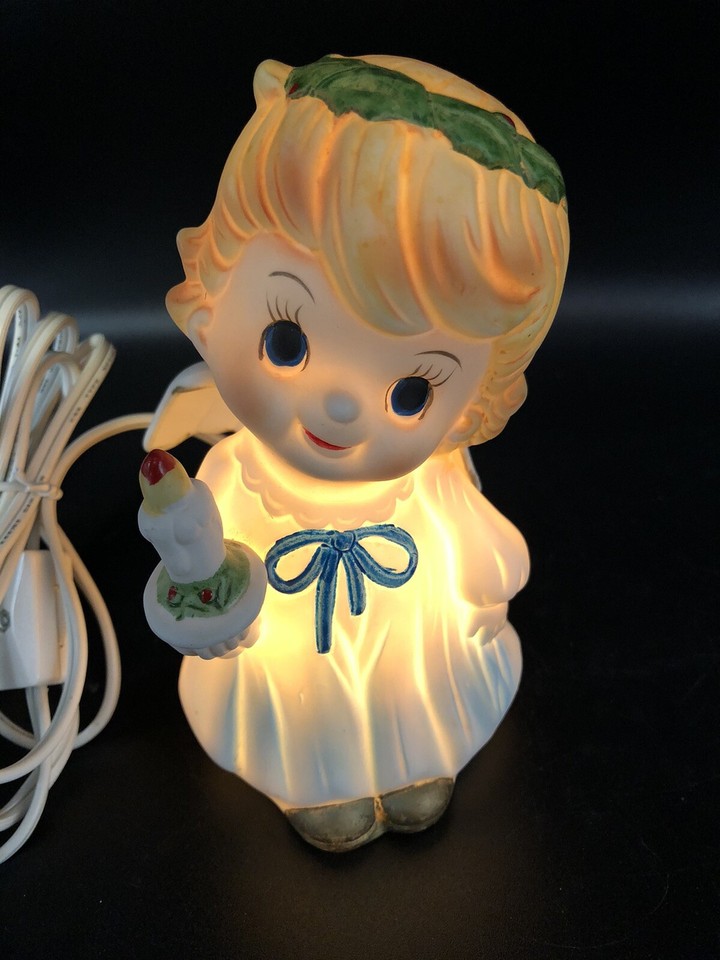 Vintage Christmas 6" Angel Night Light Porcelain Lamp Little Girl Angel ...