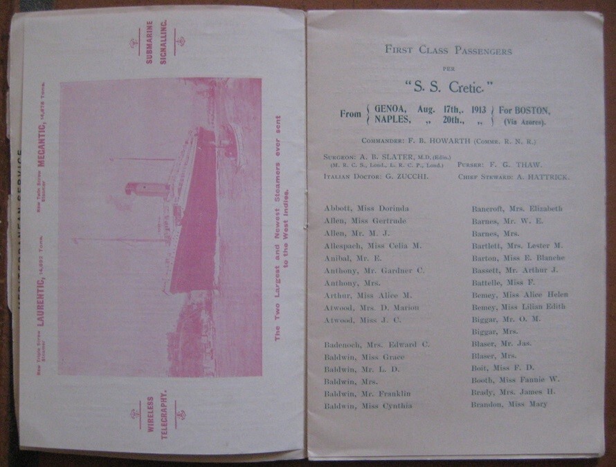 CRETIC (White Star) 1913 First Class Passenger List - Mentions ...