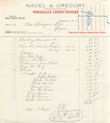 1922 Nagel & Gregory Confectioners Norwich NY Billhead Hershey ...