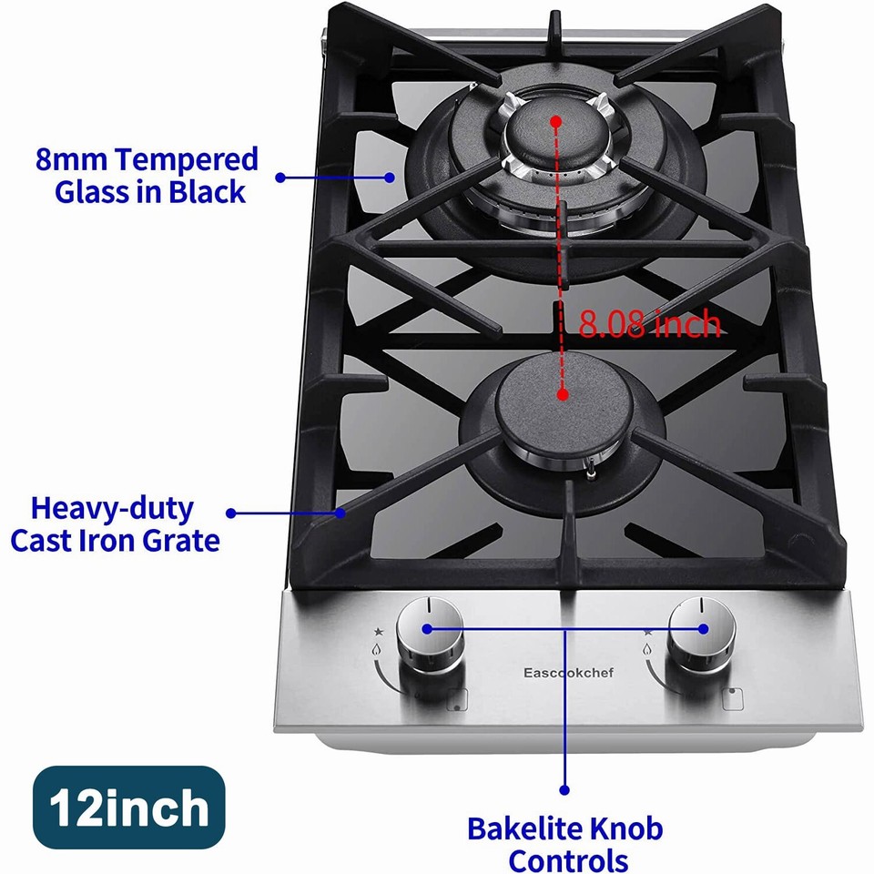 Eascookchef 12in Gas Cooktop Dual Burners NG/LPG Tempered Glass Drop-in ...