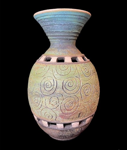 Nancy Briggs Signed Raku Art Pottery Vase Vessel, Blues/Greens ...