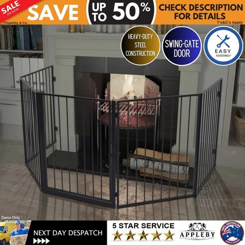 Fireplace Screen Fire Guard Safety Barrier Panel With Gate Pets Kids ...