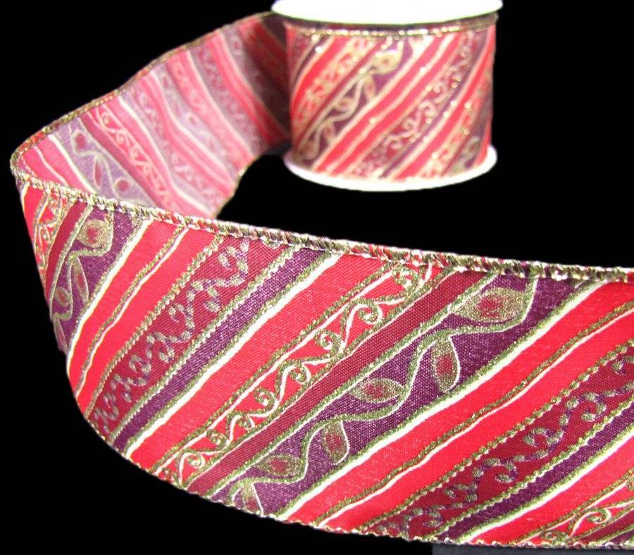 Red Burgundy Ornamental Vines Swirl Gold Glitter Wired Ribbon 2 1/2"W x ...