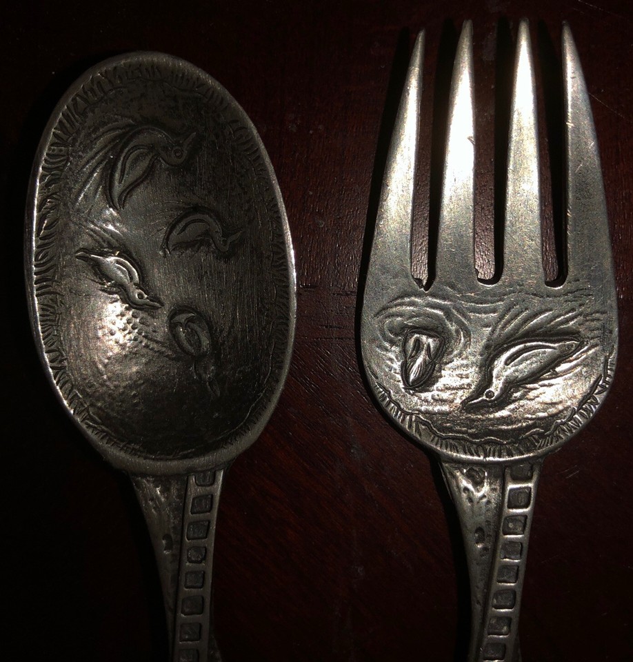 Vintage Web Silver Co Pewter Baby Spoon & Fork w/Bear Ladder Honey ...