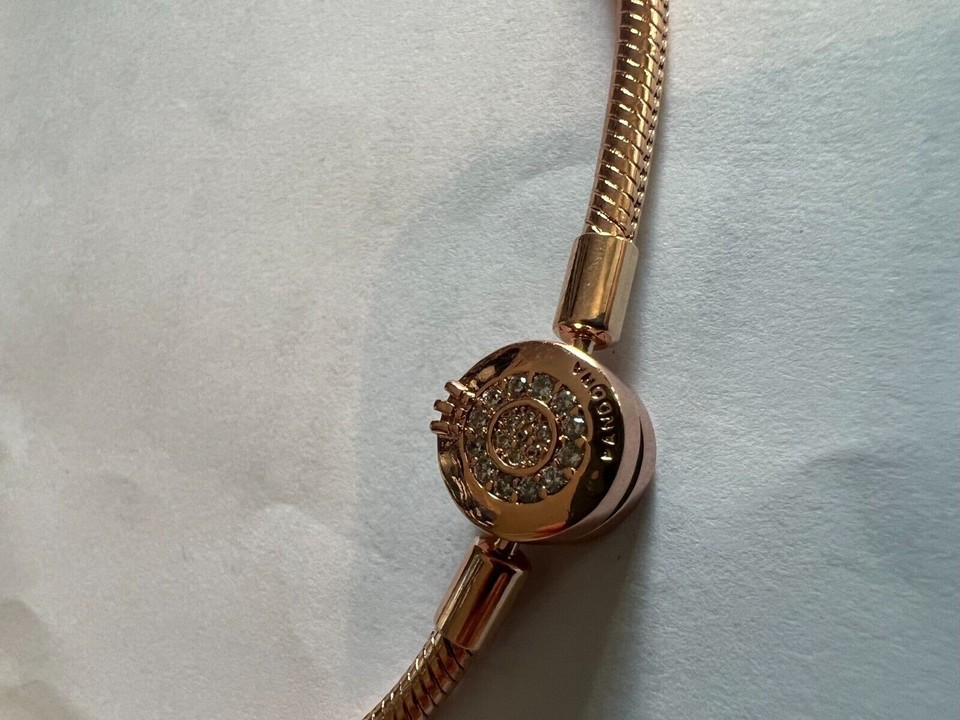 PANDORA ESSENCE rose gold logo round clasp fine snake chain necklace ...