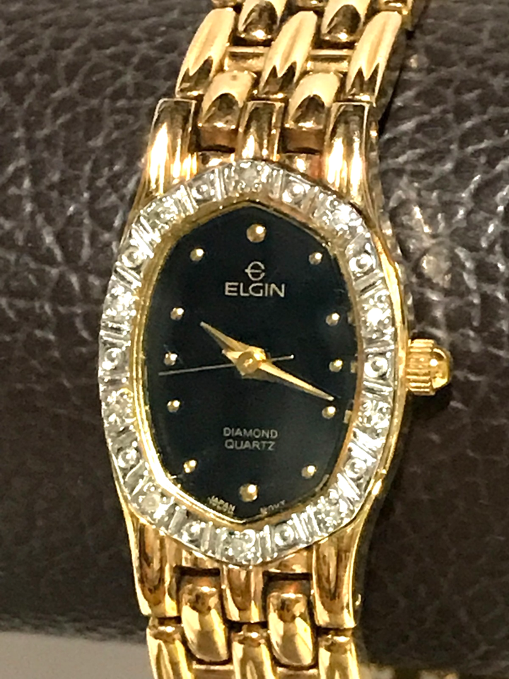 Vintage Elgin Quartz Genuine Diamonds Bezel Gold Plated Ladies Dress ...