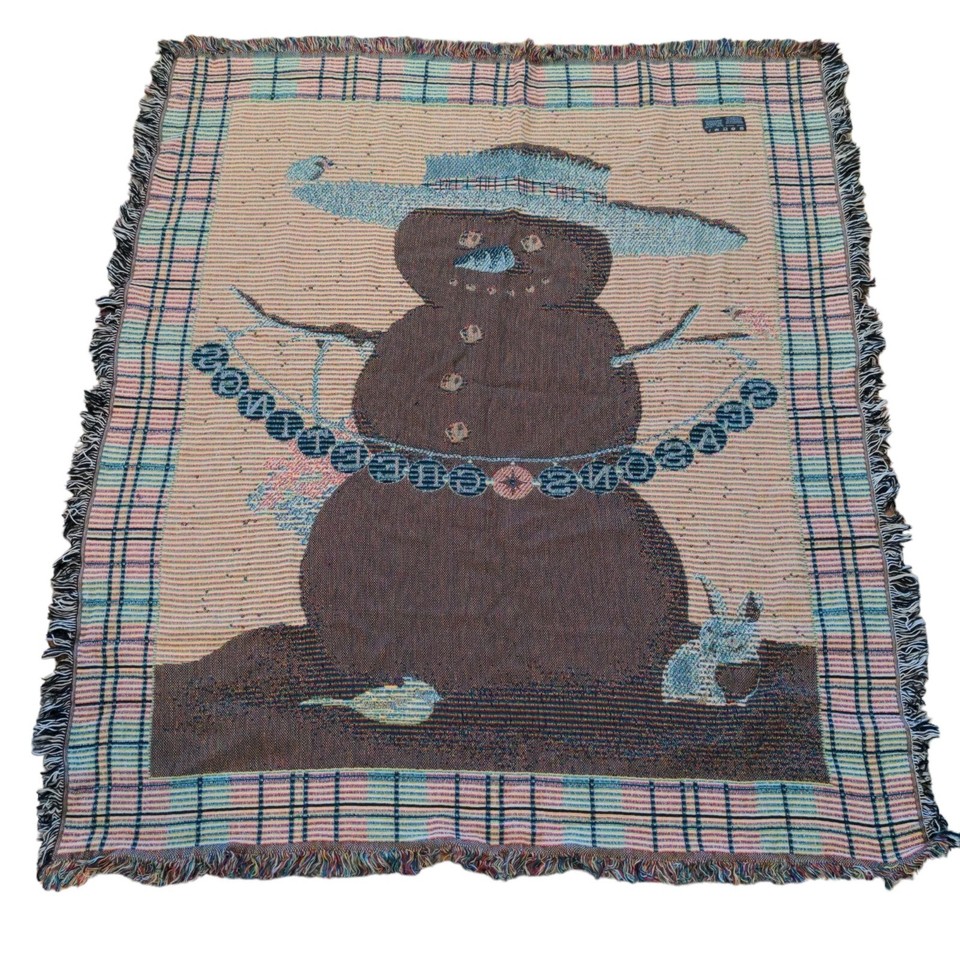 Snowman Tapestry Woven Throw Blanket Seasons Greetings Fringe Blue ...