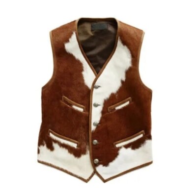 Men's Cowhide Leather Vest Real Natural Hair On Leather Vest Cowboy New ...