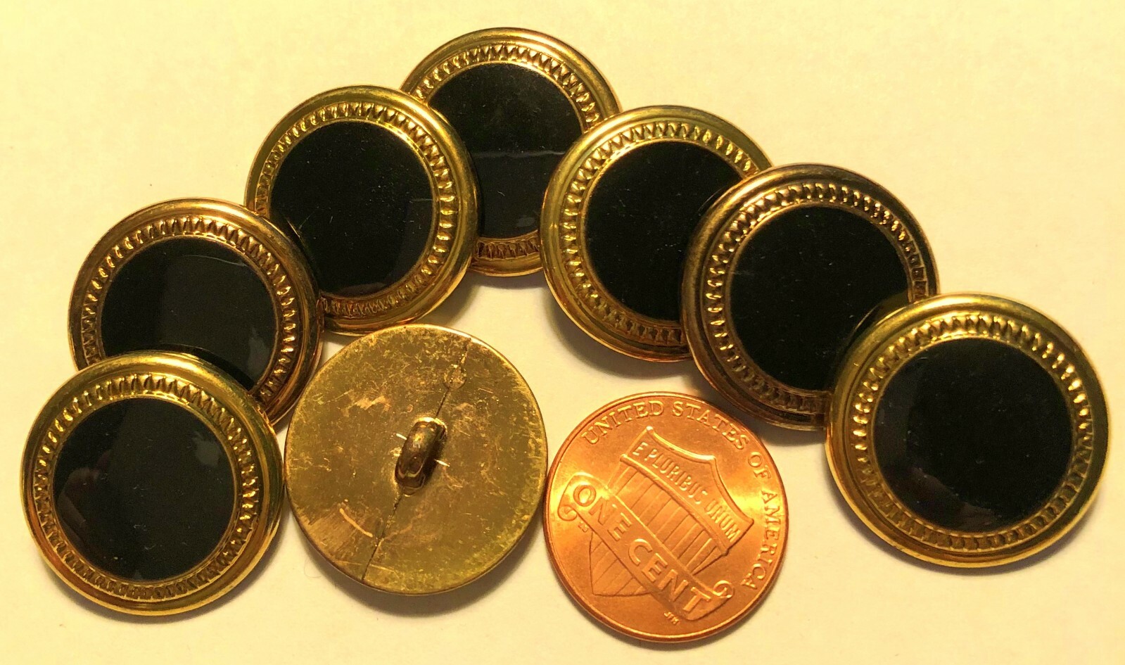 8 Antiqued Brass Tone Plastic Shank Buttons Black Shiny Center 13/16 ...