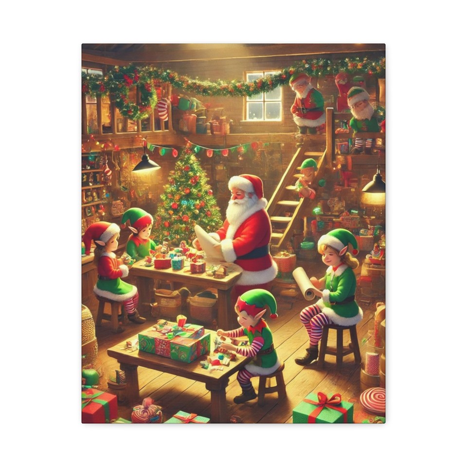 Santa’s Workshop Canvas Wall Art Christmas Eve Cozy Santa & Elves ...