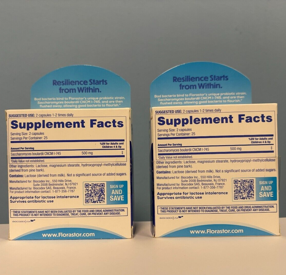 Florastor Dual Action Probiotic Supplement - 100 Vegetarian Capsules ...