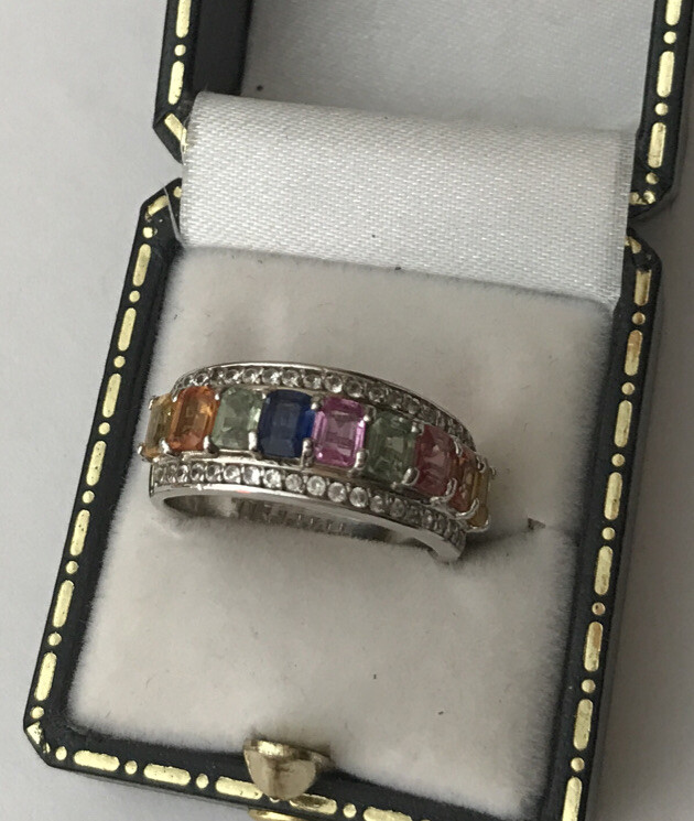 VINTAGE DJOY STERLING SILVER 925 BEAD MULTICOLOUR SAPPHIRE BAND RING ...