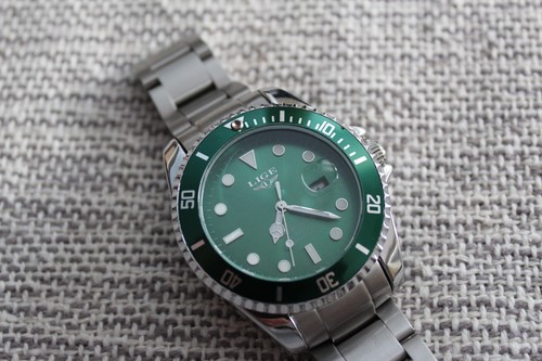 LIGE Mens Quartz Divers Watch Green Dial Silver Steel Wristwatch Date ...