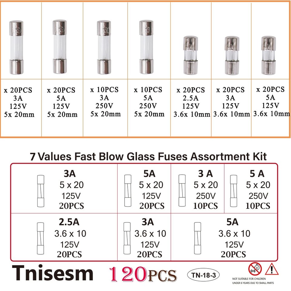 120 Pcs Fast Blow Glass Fuses Assortment Kit 125V- 3A, 5A 5 X 20Mm ...