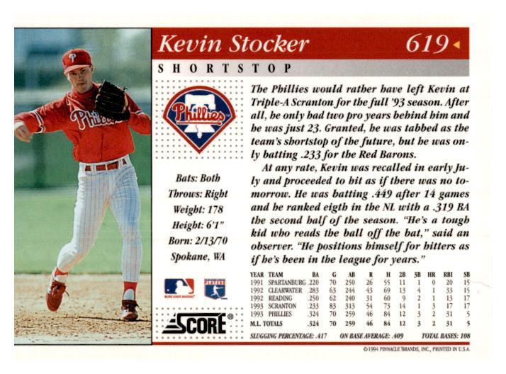 1994 Score #619 Kevin Stocker Philadelphia Phillies | eBay